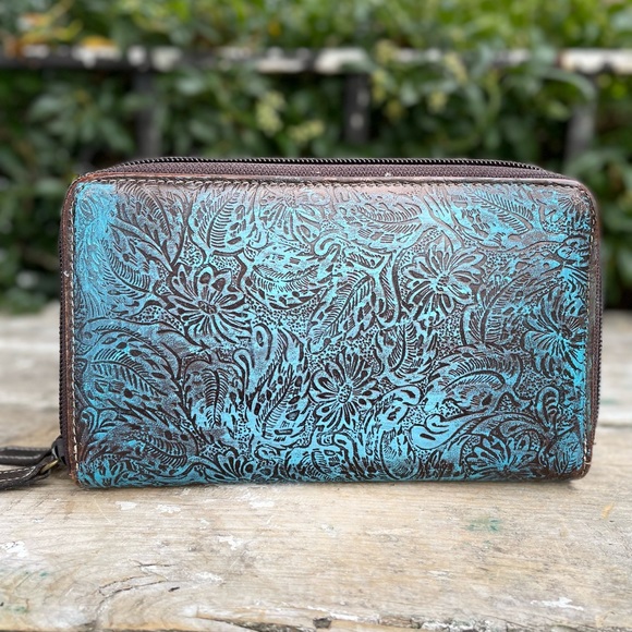 Bags | Vintage Tooled Brown Blue Leather Crossbody Organizer Wallet ...